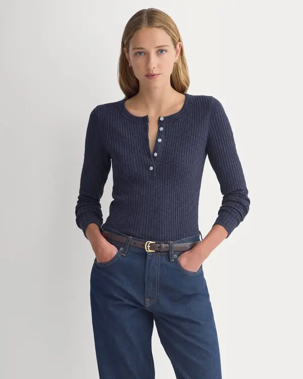 Everlane Cozy Rib Henley Top - Navy