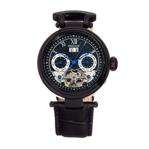 HERITOR AUTOMATIC Semi-skeleton Leather-band Watch - Black