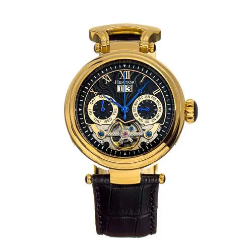 HERITOR AUTOMATIC Semi-skeleton Leather-band Watch - Gold/black