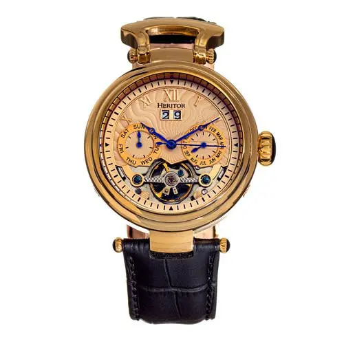 HERITOR AUTOMATIC Semi-skeleton Leather-band Watch - Gold/silver