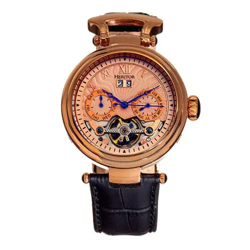 HERITOR AUTOMATIC Semi-skeleton Leather-band Watch - Rose Gold