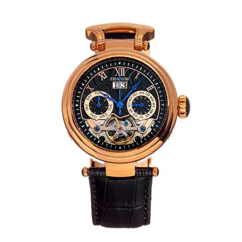 HERITOR AUTOMATIC Semi-skeleton Leather-band Watch - Rose Gold/black