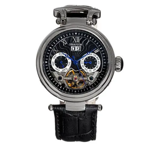HERITOR AUTOMATIC Semi-skeleton Leather-band Watch - Silver/black
