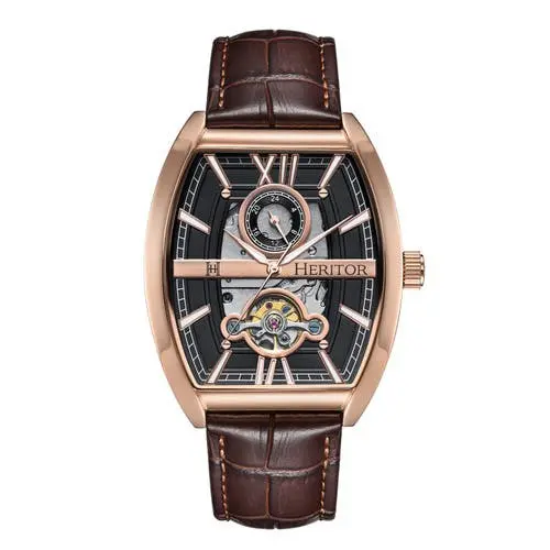 HERITOR AUTOMATIC Semi-skeleton Leather-band Watch - Rose Gold/brown