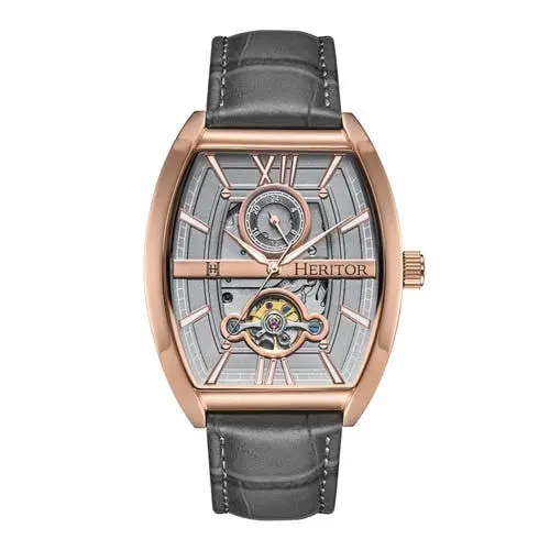 HERITOR AUTOMATIC Semi-skeleton Leather-band Watch - Rose Gold/grey