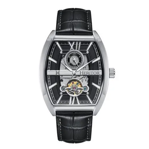 HERITOR AUTOMATIC Semi-skeleton Leather-band Watch - Silver/black