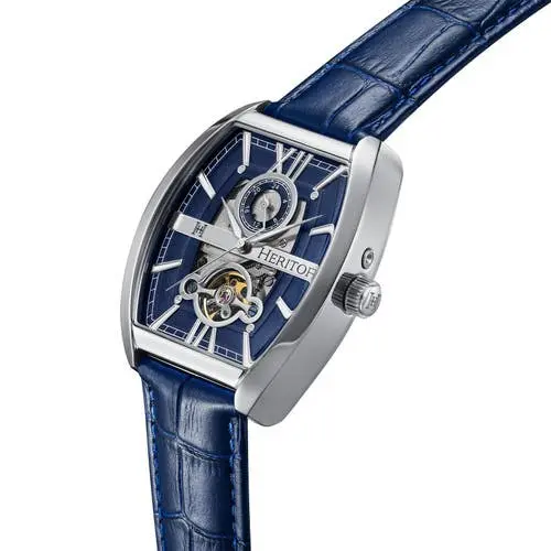 HERITOR AUTOMATIC Semi-skeleton Leather-band Watch - Silver/blue