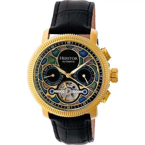 HERITOR AUTOMATIC Aura Semi-skeleton Leather-band Watch - Gold /black