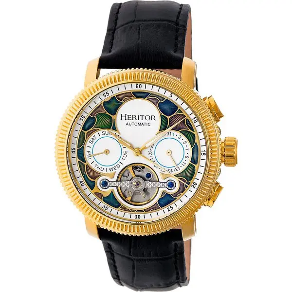 HERITOR AUTOMATIC Aura Semi-skeleton Leather-band Watch - Gold/white