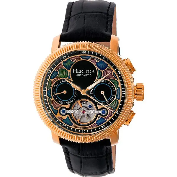 HERITOR AUTOMATIC Aura Semi-skeleton Leather-band Watch - Rose Gold/black