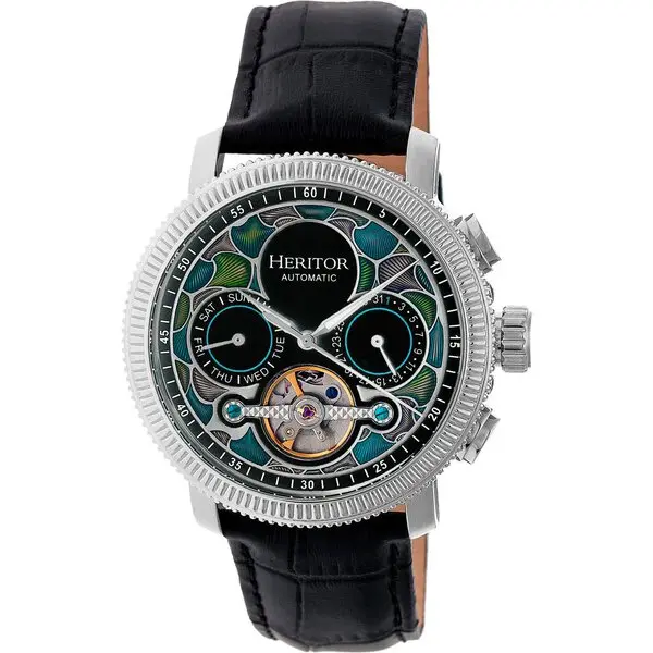 HERITOR AUTOMATIC Aura Semi-skeleton Leather-band Watch - Silver/black