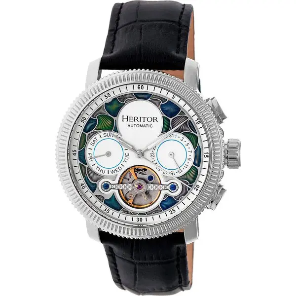 HERITOR AUTOMATIC Aura Semi-skeleton Leather-band Watch - Silver/white