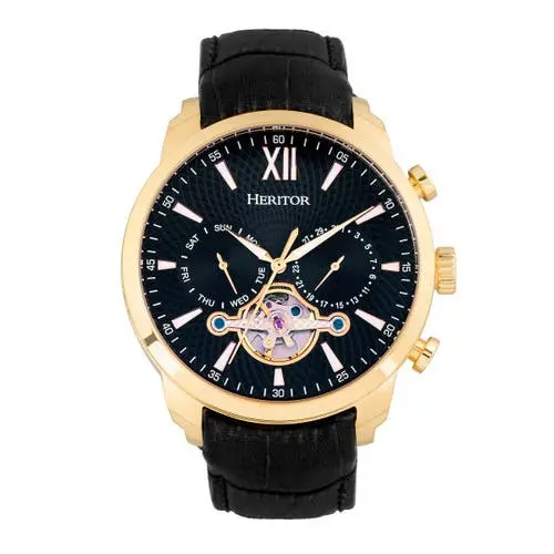 HERITOR AUTOMATIC Semi-skeleton Leather-band Watch With Day/date - Gold/black