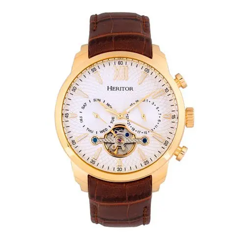 HERITOR AUTOMATIC Semi-skeleton Leather-band Watch With Day/date - Gold/silver