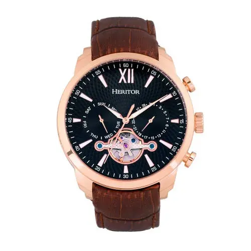 HERITOR AUTOMATIC Semi-skeleton Leather-band Watch With Day/date - Rose Gold/black
