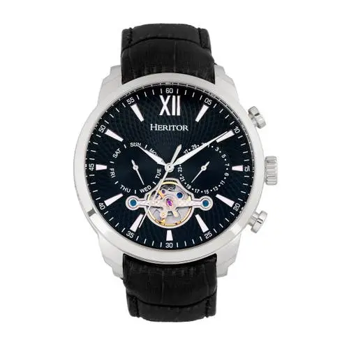 HERITOR AUTOMATIC Semi-skeleton Leather-band Watch With Day/date - Silver/black