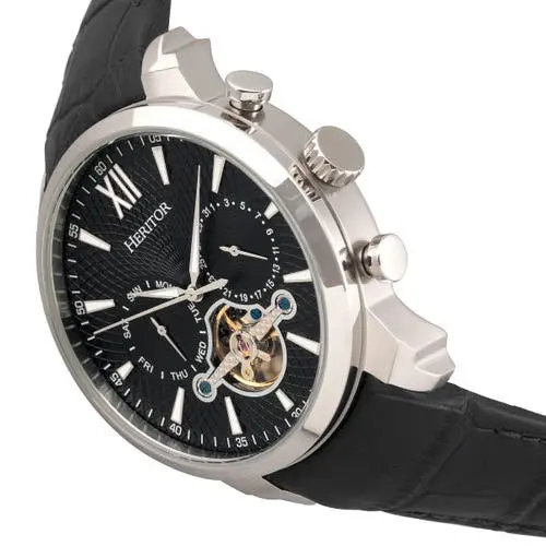 HERITOR AUTOMATIC Semi-skeleton Leather-band Watch With Day/date - Silver/black