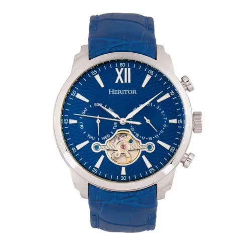 HERITOR AUTOMATIC Semi-skeleton Leather-band Watch With Day/date - Silver/blue