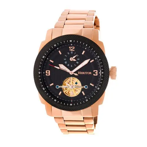 HERITOR AUTOMATIC Helmsley Semi-skeleton Leather-band Watch - Rose Gold/black