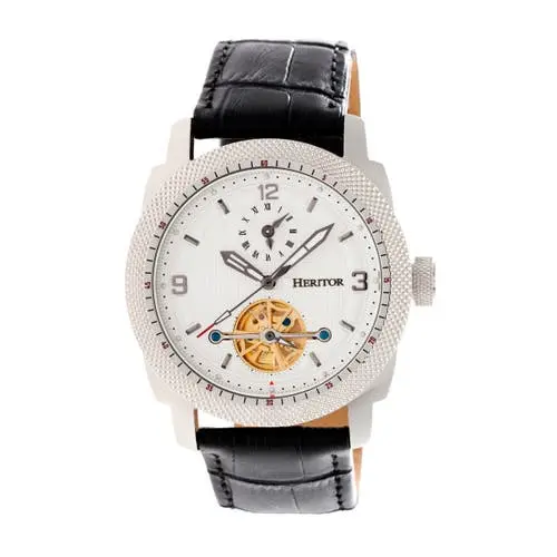 HERITOR AUTOMATIC Helmsley Semi-skeleton Leather-band Watch - Silver/white