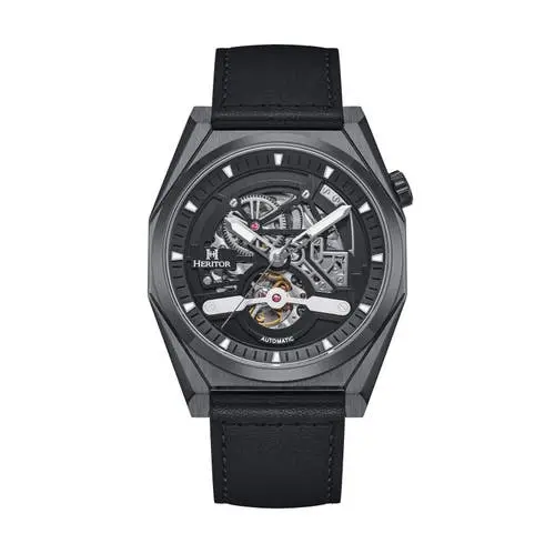 HERITOR AUTOMATIC Amadeus Semi-skeleton Leather-band Watch - Black/black