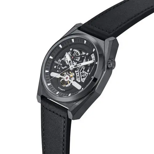 HERITOR AUTOMATIC Amadeus Semi-skeleton Leather-band Watch - Black/black