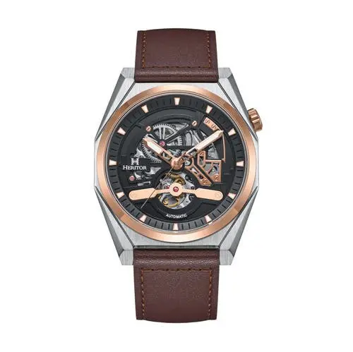 HERITOR AUTOMATIC Amadeus Semi-skeleton Leather-band Watch - Rose Gold/brown