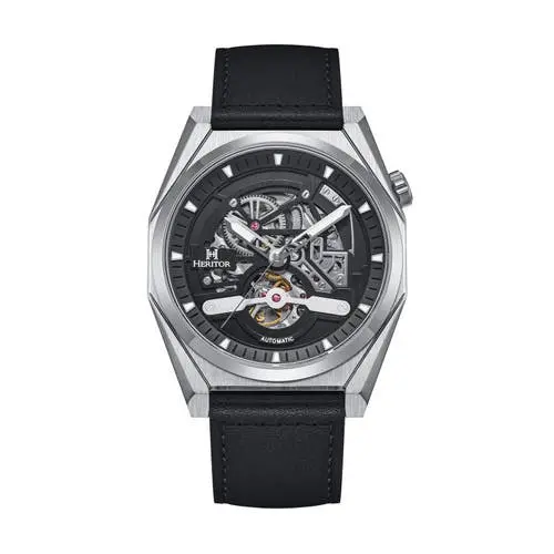 HERITOR AUTOMATIC Amadeus Semi-skeleton Leather-band Watch - Silver/black