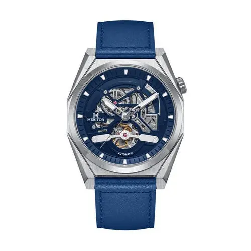 HERITOR AUTOMATIC Amadeus Semi-skeleton Leather-band Watch - Silver/blue