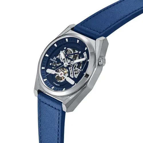 HERITOR AUTOMATIC Amadeus Semi-skeleton Leather-band Watch - Silver/blue
