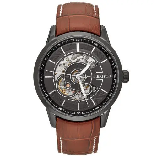 HERITOR AUTOMATIC Semi-skeleton Leather-band Watch - Black/brown