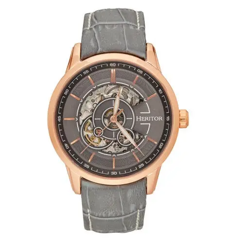 HERITOR AUTOMATIC Semi-skeleton Leather-band Watch - Rose Gold/gray