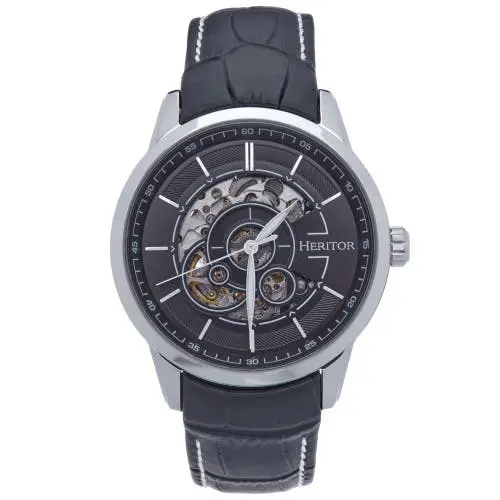 HERITOR AUTOMATIC Semi-skeleton Leather-band Watch - Silver/black