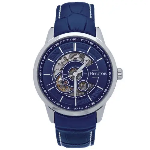 HERITOR AUTOMATIC Semi-skeleton Leather-band Watch - Silver/navy