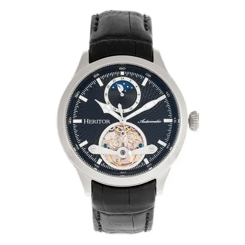HERITOR AUTOMATIC Semi-skeleton Leather-band Watch - Black