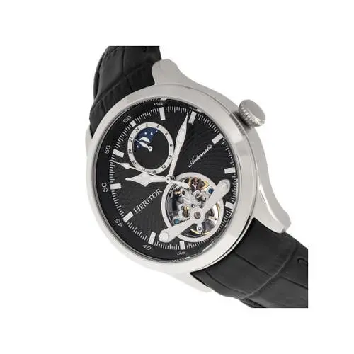 HERITOR AUTOMATIC Semi-skeleton Leather-band Watch - Black