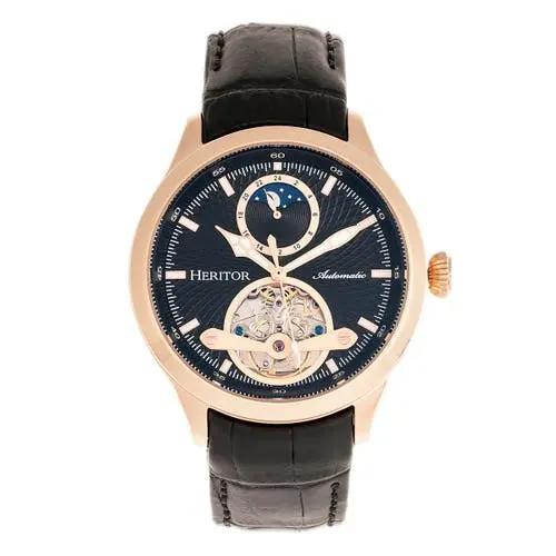 HERITOR AUTOMATIC Semi-skeleton Leather-band Watch - Rose Gold/black