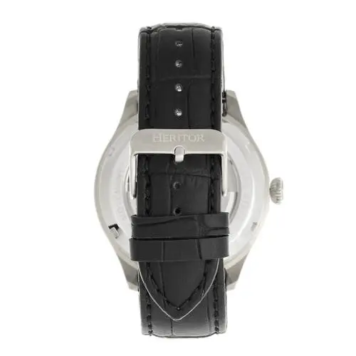 HERITOR AUTOMATIC Semi-skeleton Leather-band Watch - Silver/black
