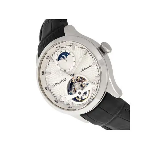 HERITOR AUTOMATIC Semi-skeleton Leather-band Watch - Silver/black