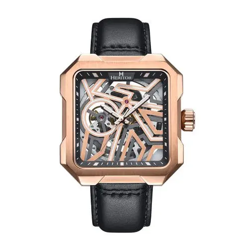 HERITOR AUTOMATIC Campbell Leather-band Skeleton Watch - Rose Gold/black