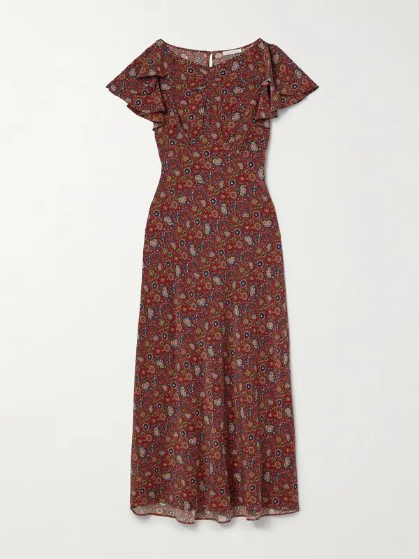 DÔEN Beatriz Ruffled Printed Silk Crepe De Chine Midi Dress