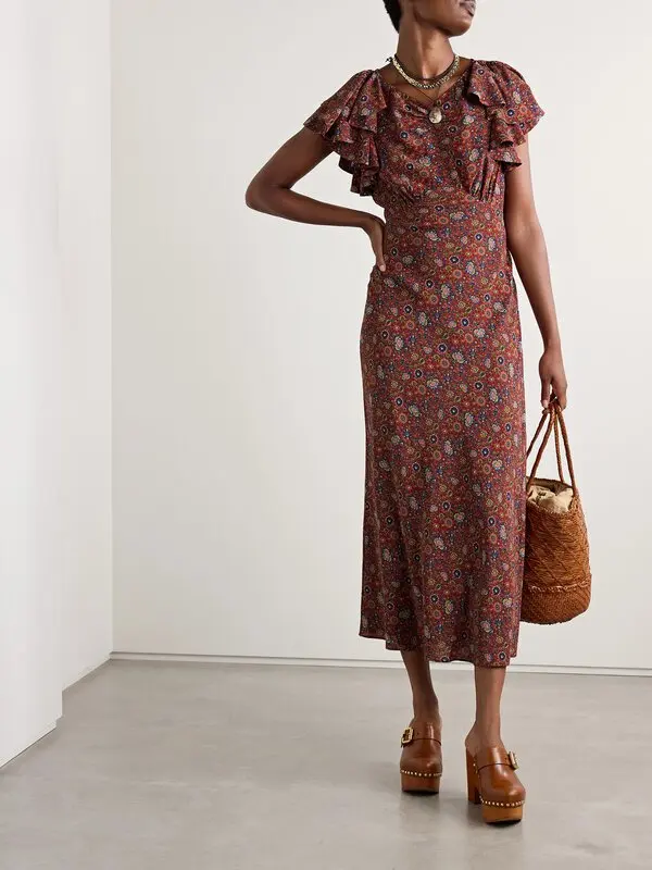 DÔEN Beatriz Ruffled Printed Silk Crepe De Chine Midi Dress