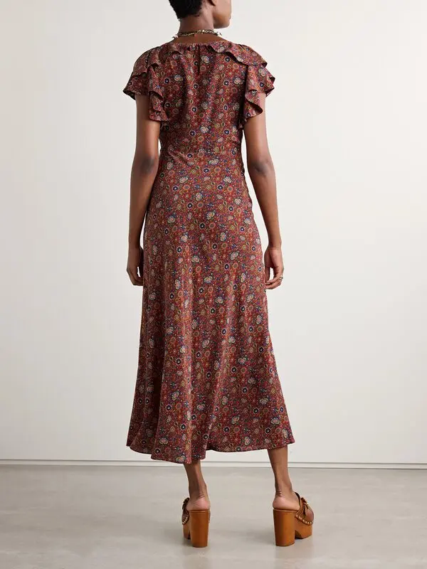DÔEN Beatriz Ruffled Printed Silk Crepe De Chine Midi Dress