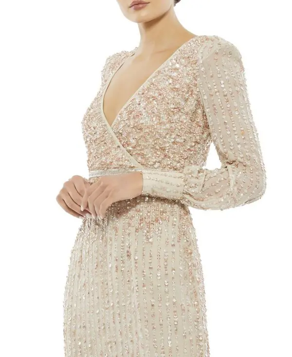 Mac Duggal Sequined V-neck Bishop Sleeve Dress - Nude