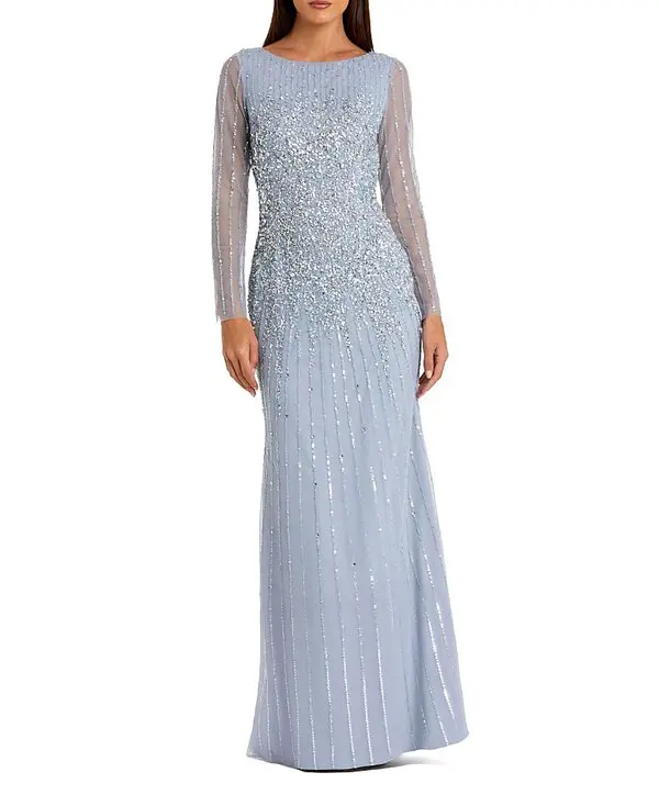 Mac Duggal High Neck Sequin Embellished Long Sleeve A-line Gown - Powder Blue