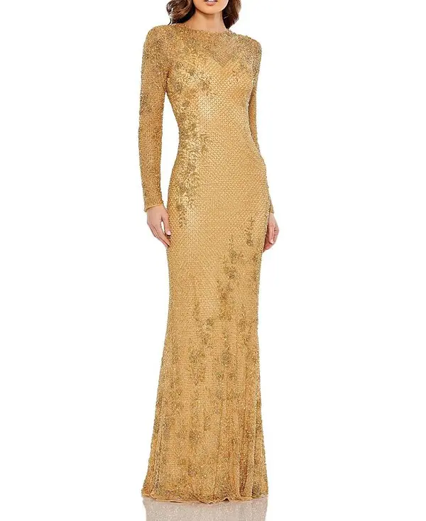 Mac Duggal Long Sleeve Embellished Evening Gown - Gold