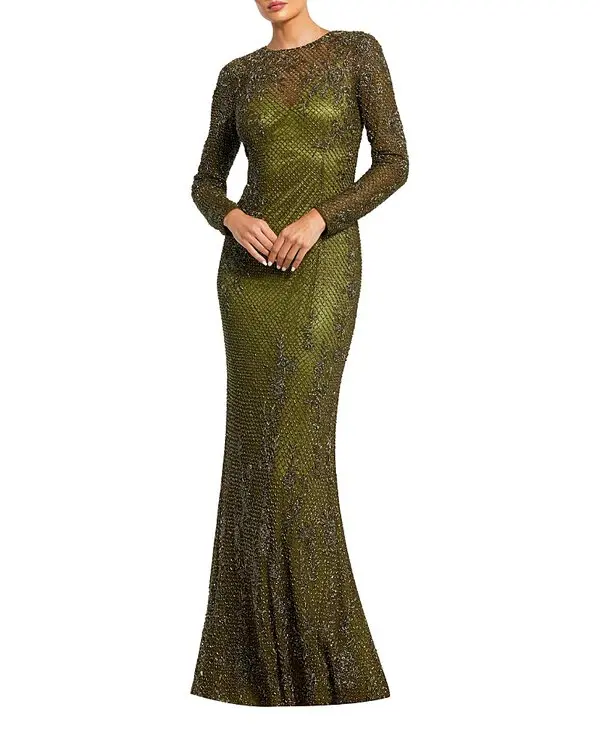Mac Duggal Long Sleeve Embellished Evening Gown - Olive