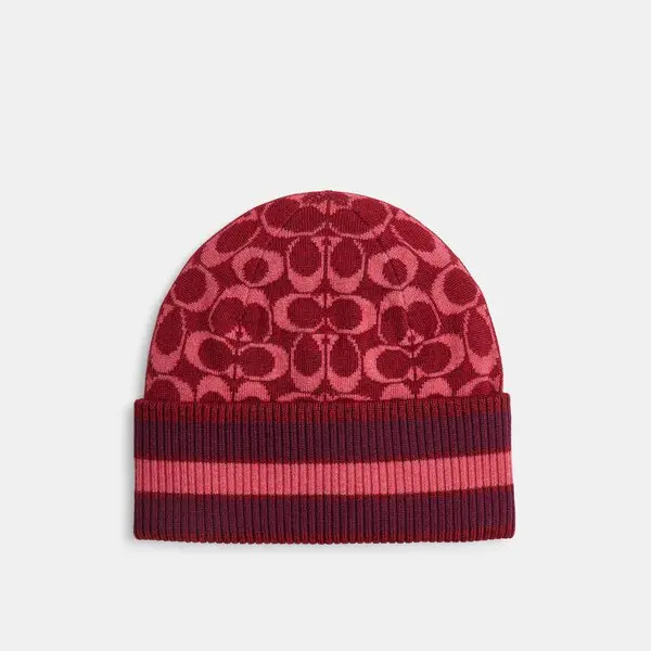 Coach Signature Varsity Stripe Cuff Beanie In Ruby - 30% Off  display picture 3