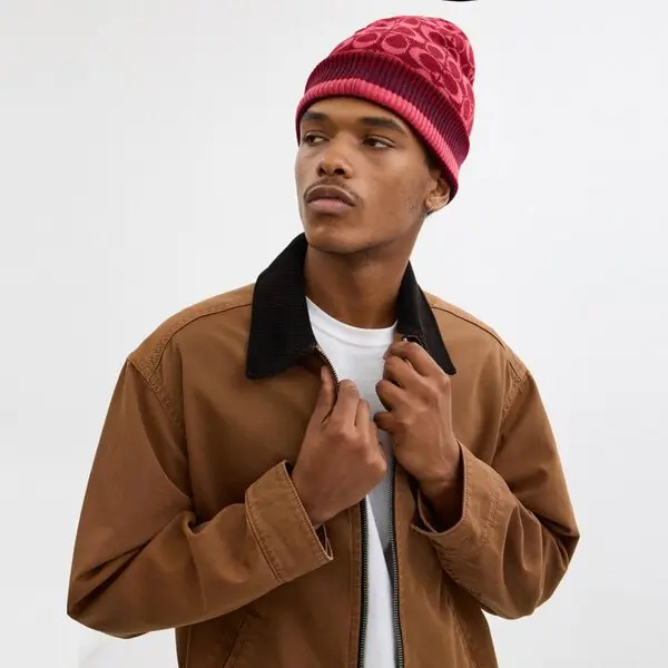 Coach Signature Varsity Stripe Cuff Beanie In Ruby - 30% Off  display picture 1