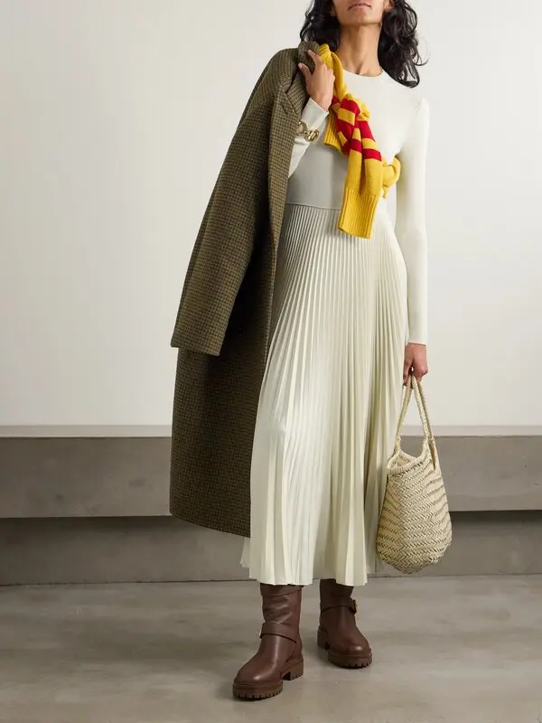Pleated Wool Ribbed-knit Midi Dress - Cream